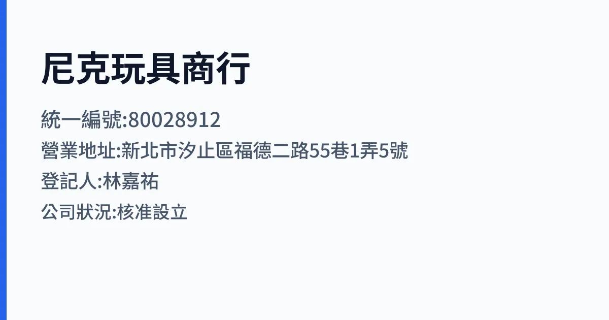 尼克玩具商行 - 統編 80028912(新北市) 公司登記資料與營業項目詳細圖表