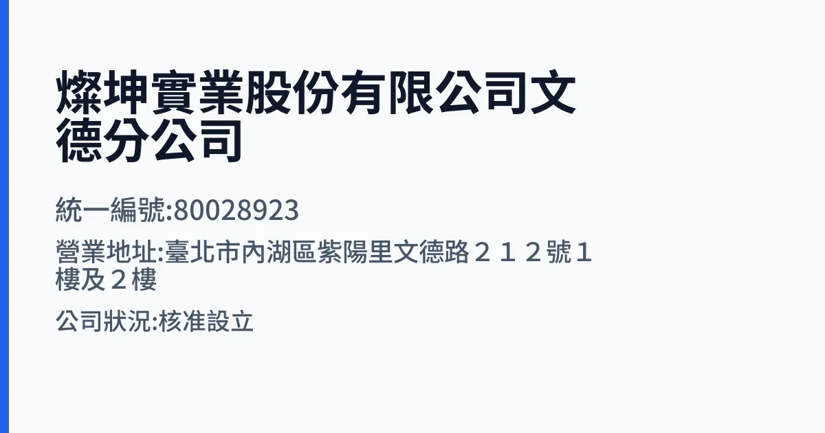 燦坤實業股份有限公司文德分公司 - 統編 80028923(臺北市) 公司登記資料與營業項目詳細圖表
