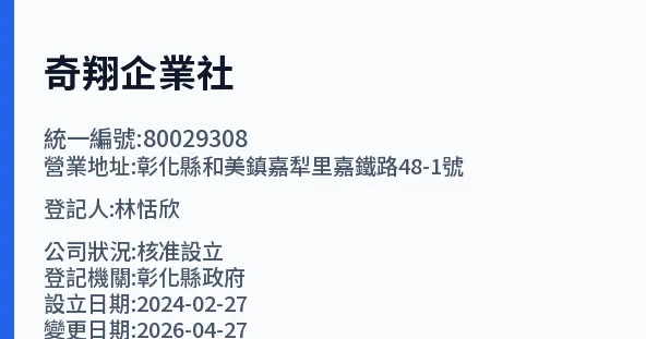 奇翔企業社的照片-統編 80029308(彰化縣) 公司登記資料與營業項目詳細圖表