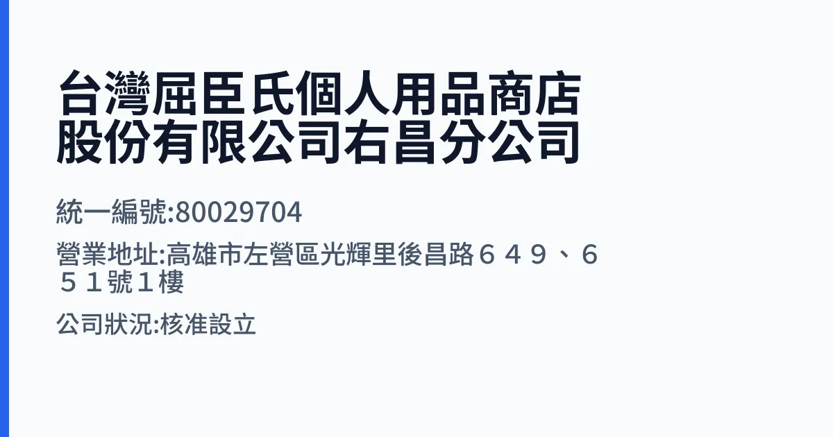 台灣屈臣氏個人用品商店股份有限公司右昌分公司 - 統編 80029704(高雄市) 公司登記資料與營業項目詳細圖表