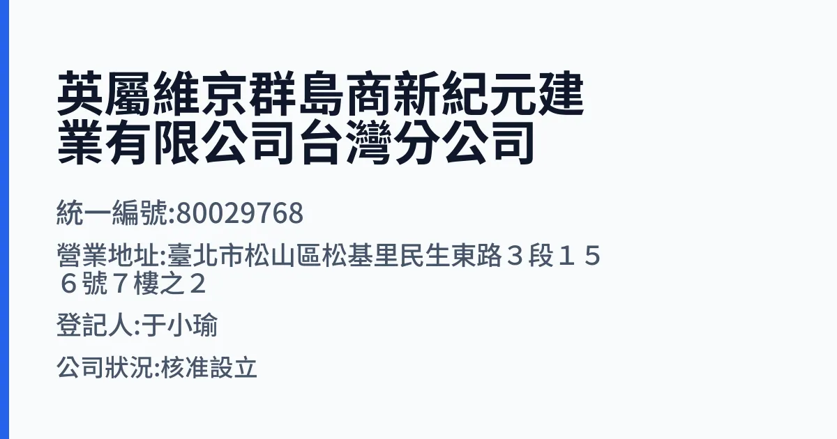英屬維京群島商新紀元建業有限公司台灣分公司 - 統編 80029768(臺北市) 公司登記資料與營業項目詳細圖表
