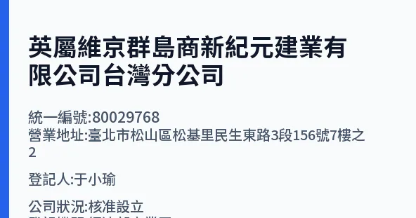 英屬維京群島商新紀元建業有限公司台灣分公司的照片-統編 80029768(臺北市) 公司登記資料與營業項目詳細圖表