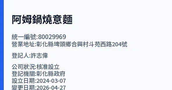 阿姆鍋燒意麵的照片-統編 80029969(彰化縣) 公司登記資料與營業項目詳細圖表
