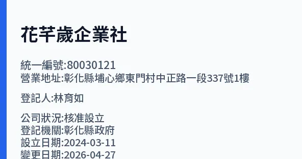 花芊歲企業社的照片-統編 80030121(彰化縣) 公司登記資料與營業項目詳細圖表