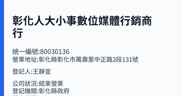 彰化人大小事數位媒體行銷商行的照片-統編 80030136(彰化縣) 公司登記資料與營業項目詳細圖表