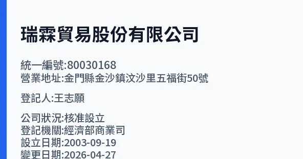 瑞霖貿易股份有限公司的照片-統編 80030168(金門縣) 公司登記資料與營業項目詳細圖表