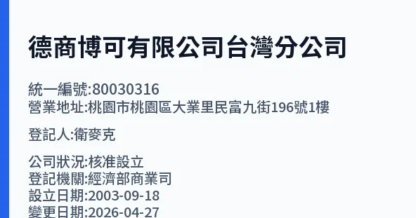 德商博可有限公司台灣分公司的照片-統編 80030316(桃園市) 公司登記資料與營業項目詳細圖表