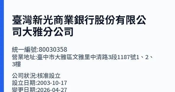 臺灣新光商業銀行股份有限公司大雅分公司的照片-統編 80030358(臺中市) 公司登記資料與營業項目詳細圖表