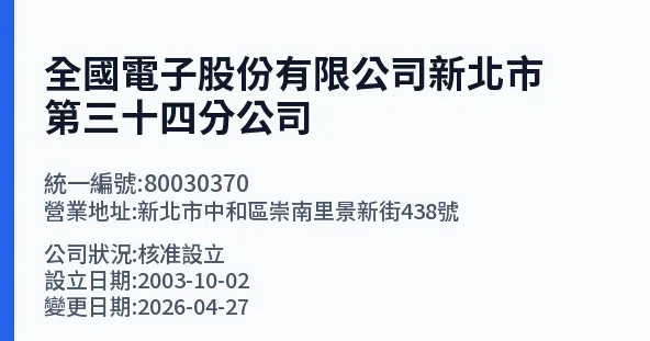 全國電子股份有限公司新北市第三十四分公司的照片-統編 80030370(新北市) 公司登記資料與營業項目詳細圖表