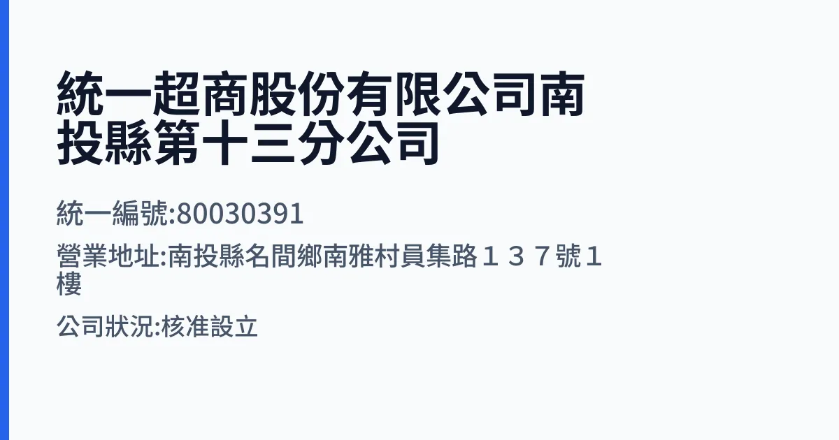 統一超商股份有限公司南投縣第十三分公司 - 統編 80030391(南投縣) 公司登記資料與營業項目詳細圖表