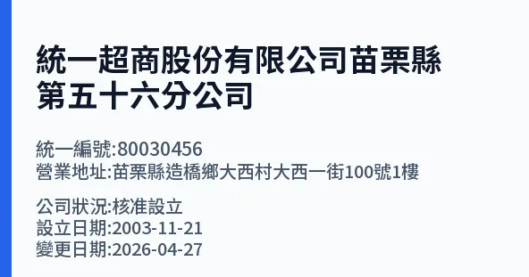 統一超商股份有限公司苗栗縣第五十六分公司的照片-統編 80030456(苗栗縣) 公司登記資料與營業項目詳細圖表