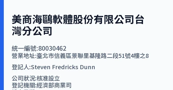 美商海鷗軟體股份有限公司台灣分公司的照片-統編 80030462(臺北市) 公司登記資料與營業項目詳細圖表