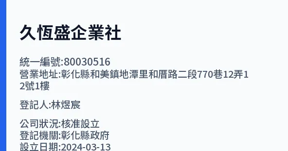 久恆盛企業社的照片-統編 80030516(彰化縣) 公司登記資料與營業項目詳細圖表