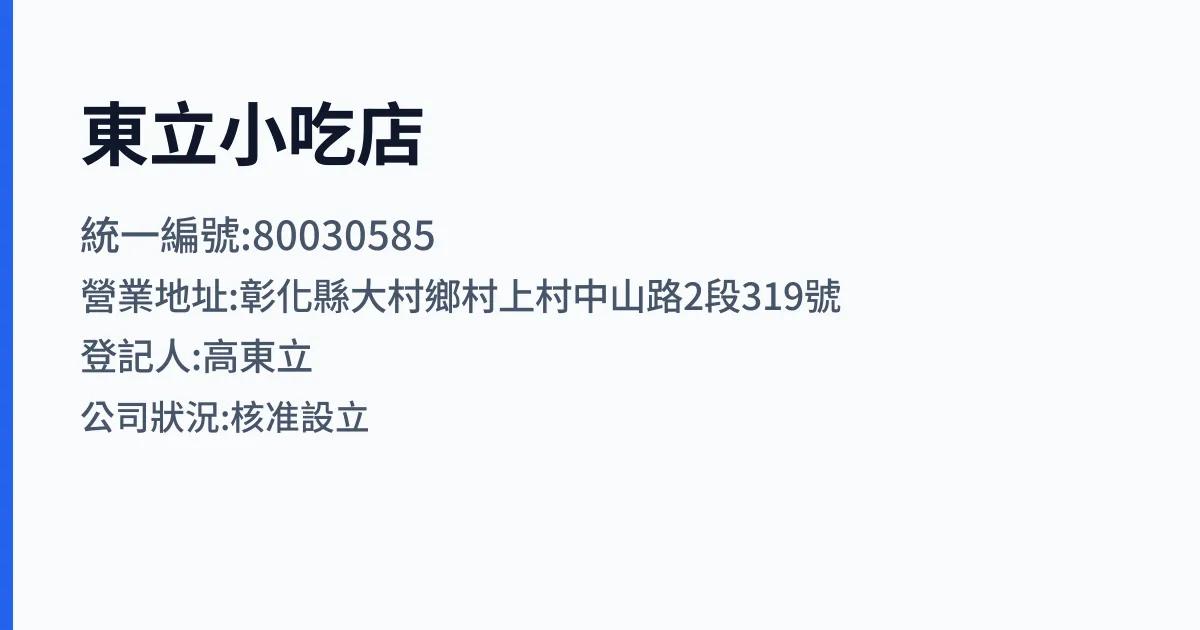 東立小吃店 - 統編 80030585(彰化縣) 公司登記資料與營業項目詳細圖表