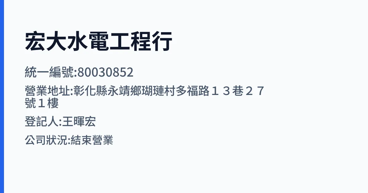 宏大水電工程行 - 統編 80030852(彰化縣) 公司登記資料與營業項目詳細圖表