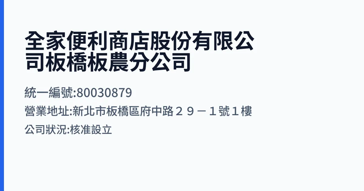 全家便利商店股份有限公司板橋板農分公司 - 統編 80030879(新北市) 公司登記資料與營業項目詳細圖表