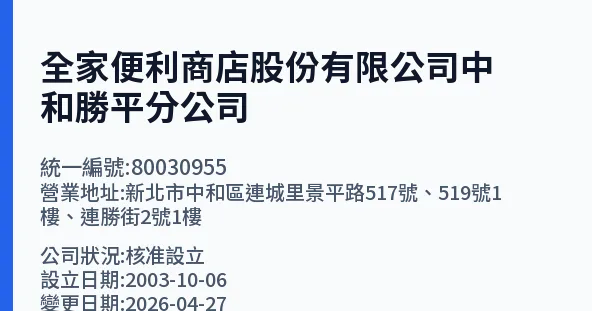 全家便利商店股份有限公司中和勝平分公司的照片-統編 80030955(新北市) 公司登記資料與營業項目詳細圖表