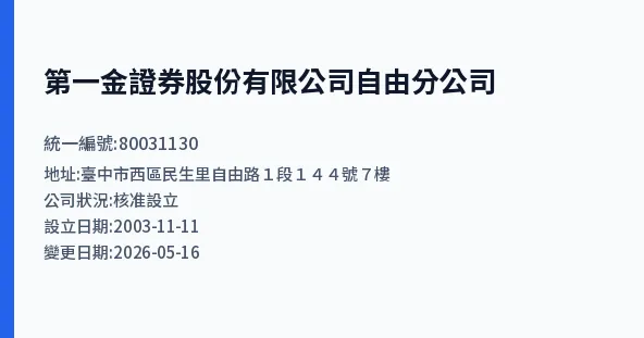 第一金證券股份有限公司自由分公司的照片-統編 80031130(臺中市) 公司登記資料與營業項目詳細圖表
