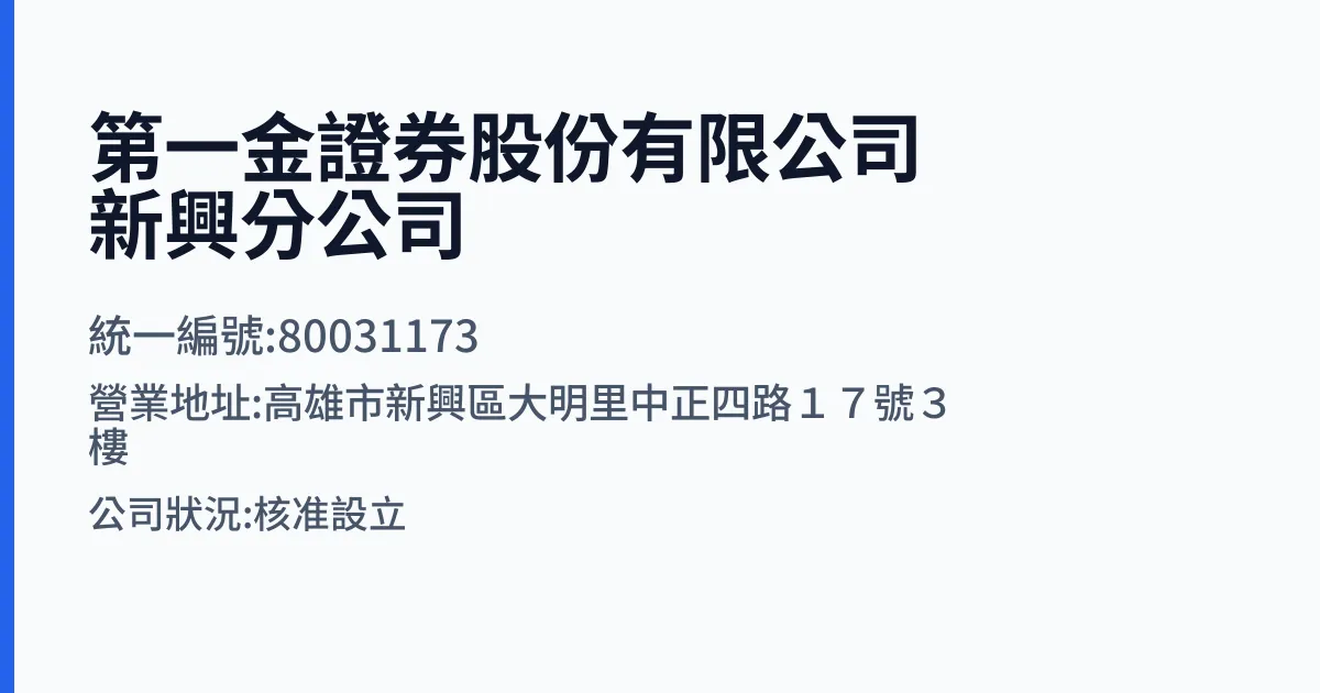 第一金證券股份有限公司新興分公司 - 統編 80031173(高雄市) 公司登記資料與營業項目詳細圖表