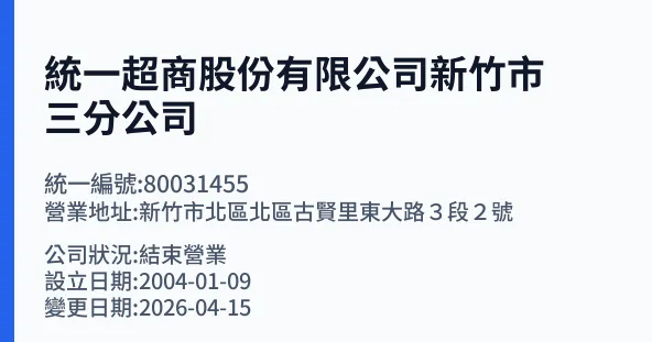 統一超商股份有限公司新竹市三分公司的照片-統編 80031455(新竹市) 公司登記資料與營業項目詳細圖表