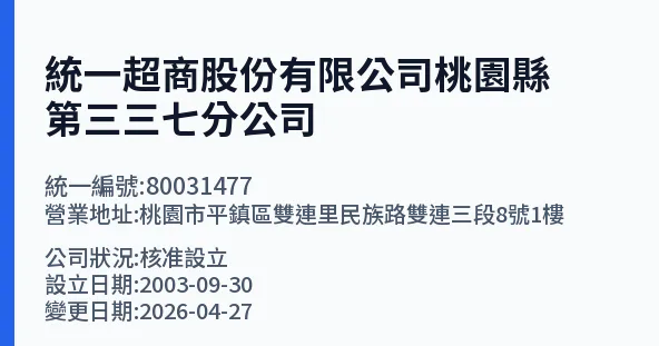 統一超商股份有限公司桃園縣第三三七分公司的照片-統編 80031477(桃園市) 公司登記資料與營業項目詳細圖表