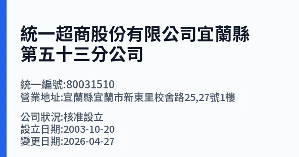 統一超商股份有限公司宜蘭縣第五十三分公司的照片-統編 80031510(宜蘭縣) 公司登記資料與營業項目詳細圖表