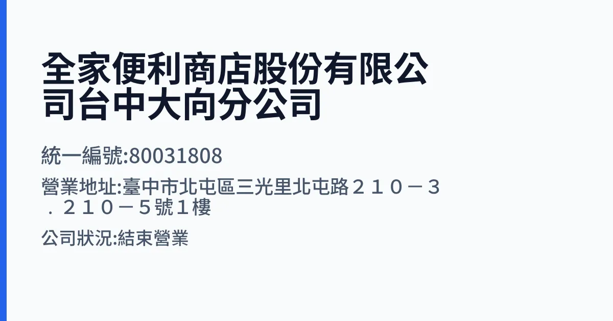 全家便利商店股份有限公司台中大向分公司 - 統編 80031808(臺中市) 公司登記資料與營業項目詳細圖表