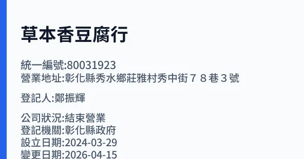 草本香豆腐行的照片-統編 80031923(彰化縣) 公司登記資料與營業項目詳細圖表