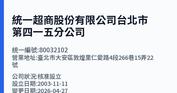 統一超商股份有限公司台北市第四一五分公司的照片-統編 80032102(臺北市) 公司登記資料與營業項目詳細圖表