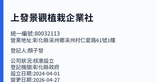 上發景觀植栽企業社的照片-統編 80032113(彰化縣) 公司登記資料與營業項目詳細圖表