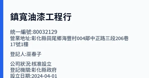 鎮寬油漆工程行的照片-統編 80032129(彰化縣) 公司登記資料與營業項目詳細圖表