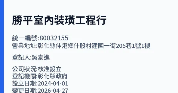 勝平室內裝璜工程行的照片-統編 80032155(彰化縣) 公司登記資料與營業項目詳細圖表