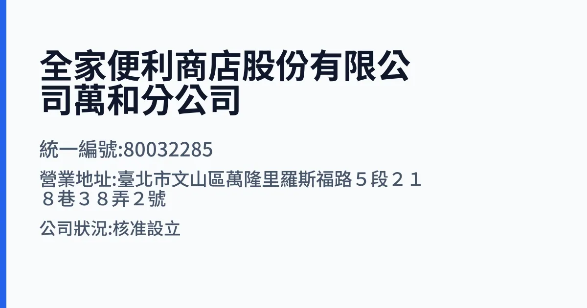 全家便利商店股份有限公司萬和分公司 - 統編 80032285（臺北市） 公司登記資料與營業項目詳細圖表
