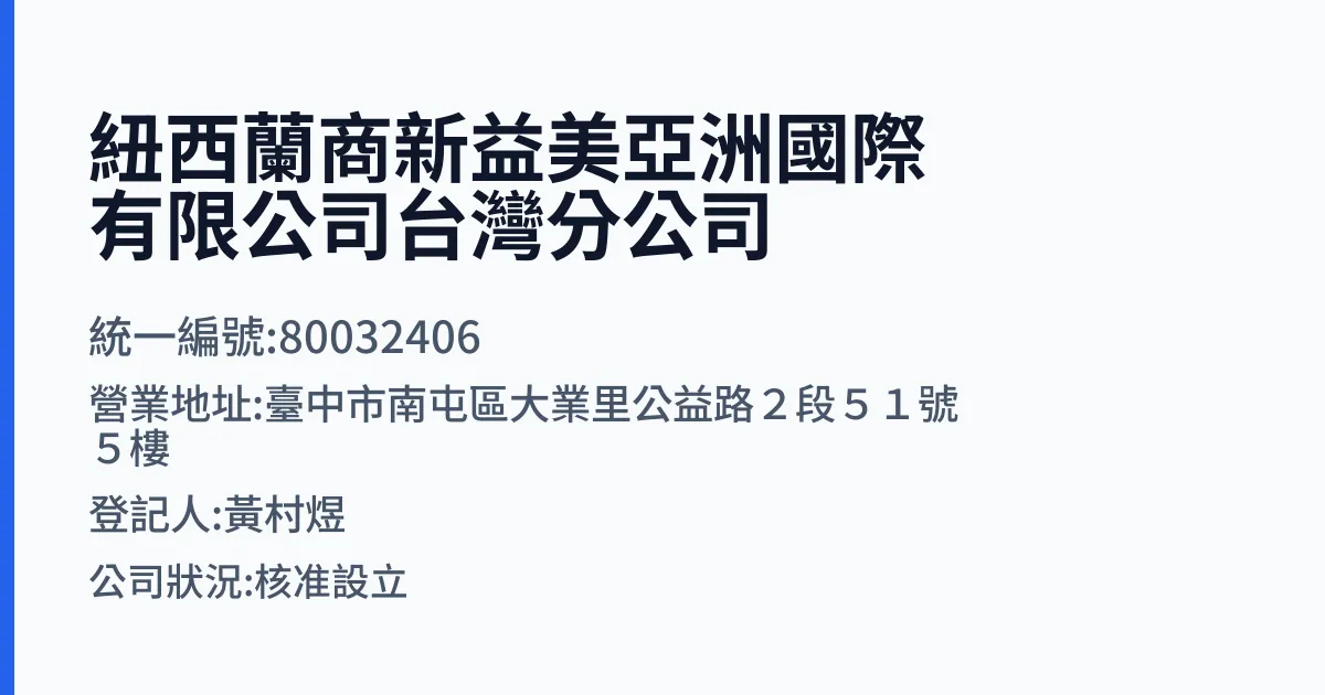 紐西蘭商新益美亞洲國際有限公司台灣分公司 - 統編 80032406(臺中市) 公司登記資料與營業項目詳細圖表