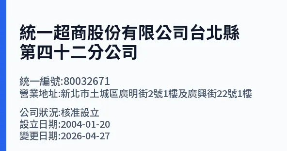 統一超商股份有限公司台北縣第四十二分公司的照片-統編 80032671(新北市) 公司登記資料與營業項目詳細圖表