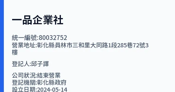一品企業社的照片-統編 80032752(彰化縣) 公司登記資料與營業項目詳細圖表