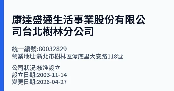 康達盛通生活事業股份有限公司台北樹林分公司的照片-統編 80032829(新北市) 公司登記資料與營業項目詳細圖表