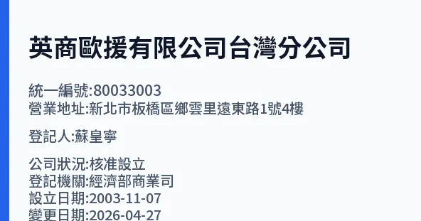 英商歐援有限公司台灣分公司的照片-統編 80033003(新北市) 公司登記資料與營業項目詳細圖表
