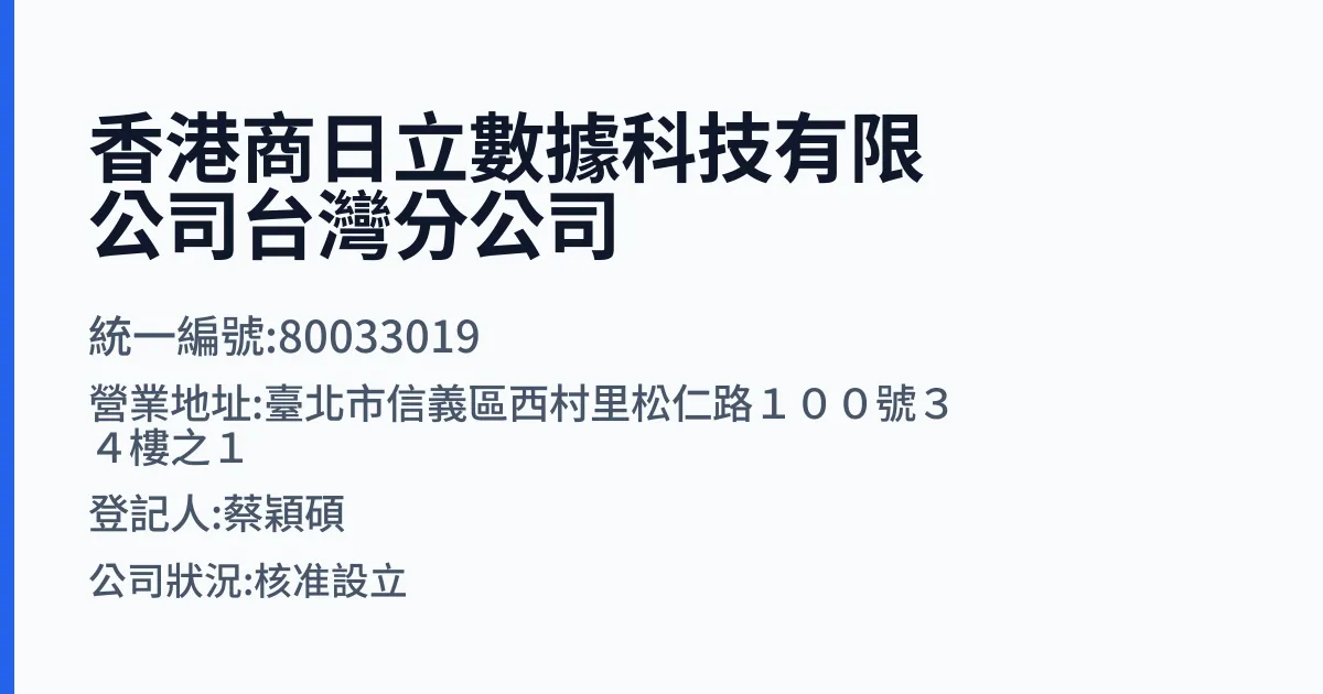 香港商日立數據科技有限公司台灣分公司 - 統編 80033019(臺北市) 公司登記資料與營業項目詳細圖表