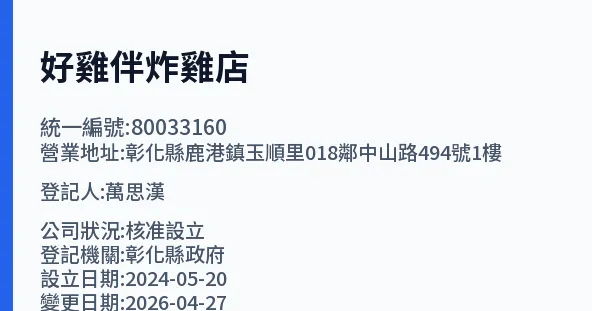 好雞伴炸雞店的照片-統編 80033160(彰化縣) 公司登記資料與營業項目詳細圖表