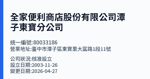 全家便利商店股份有限公司潭子東寶分公司的照片-統編 80033186(臺中市) 公司登記資料與營業項目詳細圖表