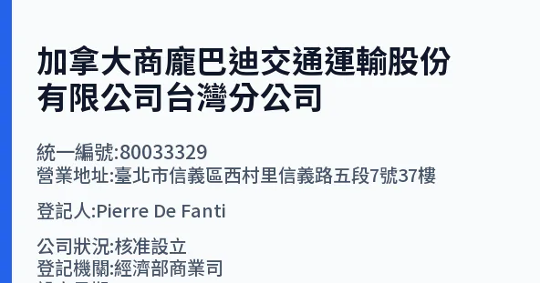 加拿大商龐巴迪交通運輸股份有限公司台灣分公司的照片-統編 80033329(臺北市) 公司登記資料與營業項目詳細圖表