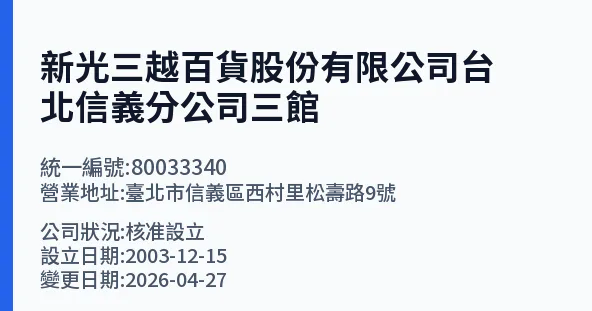 新光三越百貨股份有限公司台北信義分公司三館的照片-統編 80033340(臺北市) 公司登記資料與營業項目詳細圖表