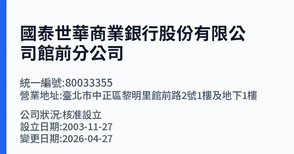 國泰世華商業銀行股份有限公司館前分公司的照片-統編 80033355(臺北市) 公司登記資料與營業項目詳細圖表