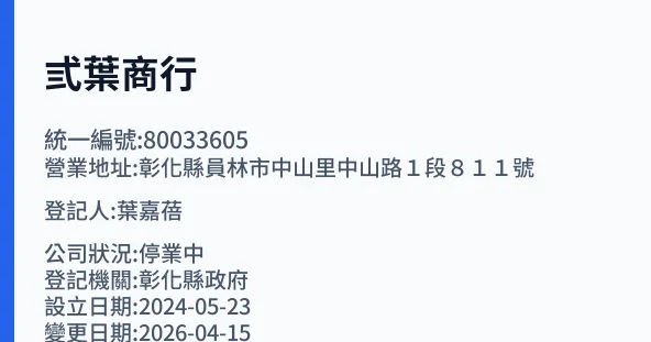 弎葉商行的照片-統編 80033605(彰化縣) 公司登記資料與營業項目詳細圖表