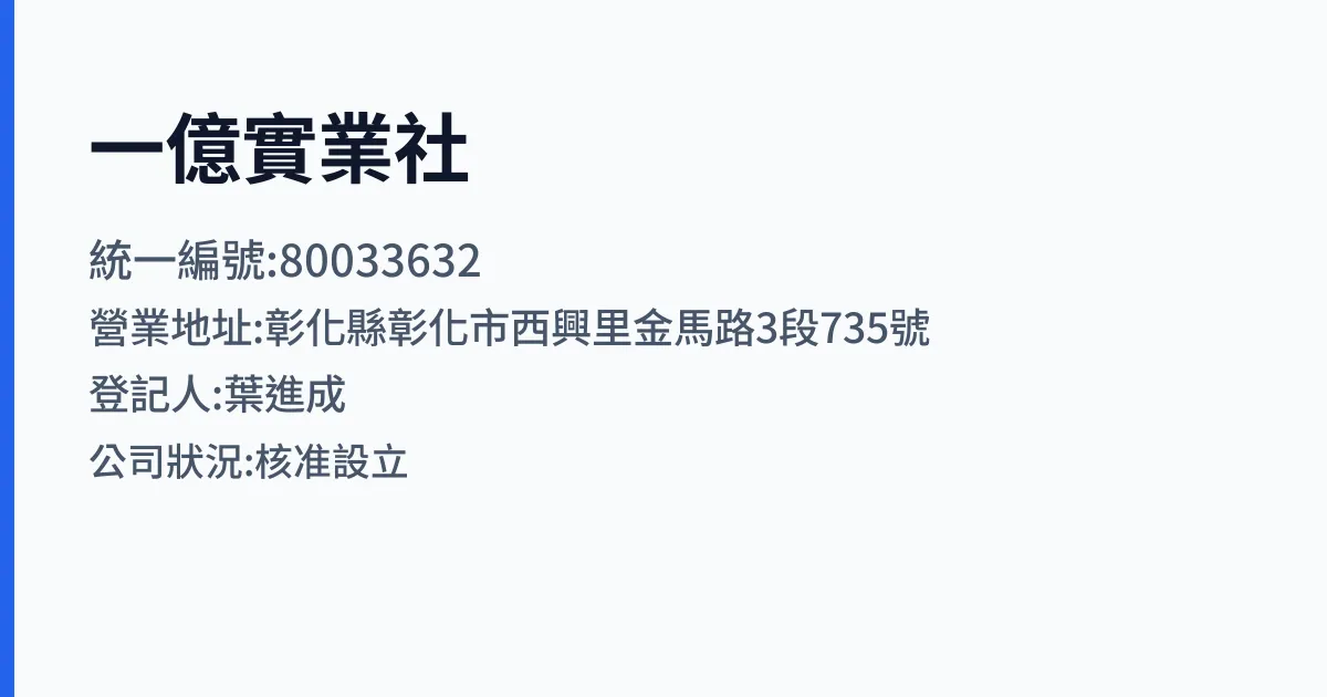 一億實業社 - 統編 80033632(彰化縣) 公司登記資料與營業項目詳細圖表