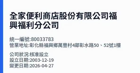 全家便利商店股份有限公司福興福利分公司的照片-統編 80033783(彰化縣) 公司登記資料與營業項目詳細圖表
