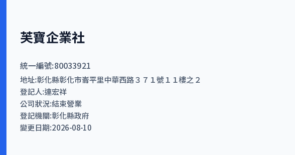 芙寶企業社的照片-統編 80033921(彰化縣) 公司登記資料與營業項目詳細圖表