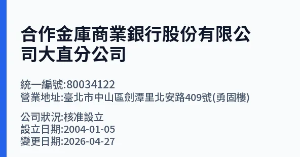 合作金庫商業銀行股份有限公司大直分公司的照片-統編 80034122(臺北市) 公司登記資料與營業項目詳細圖表