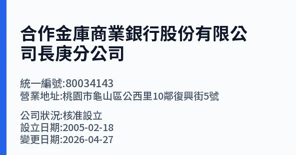 合作金庫商業銀行股份有限公司長庚分公司的照片-統編 80034143(桃園市) 公司登記資料與營業項目詳細圖表